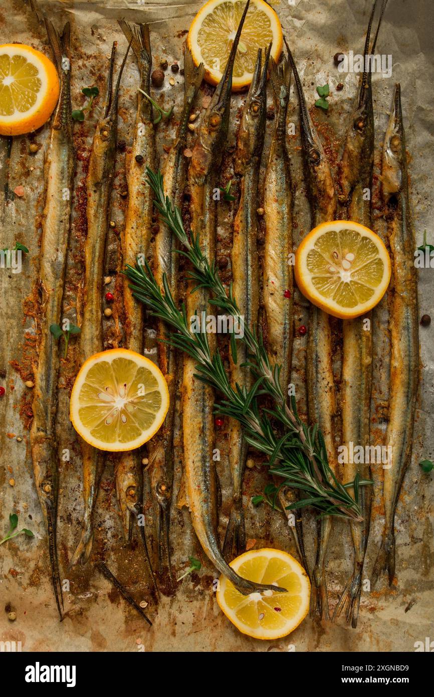 Fried fish, sargan, black sea pike, top view, close-up, no people Stock ...