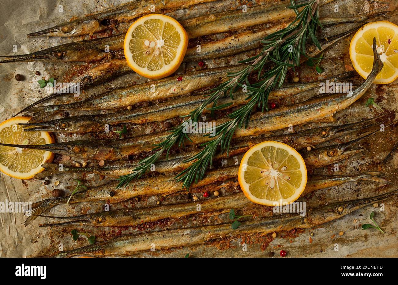 Fried fish, sargan, black sea pike, top view, close-up, no people Stock ...