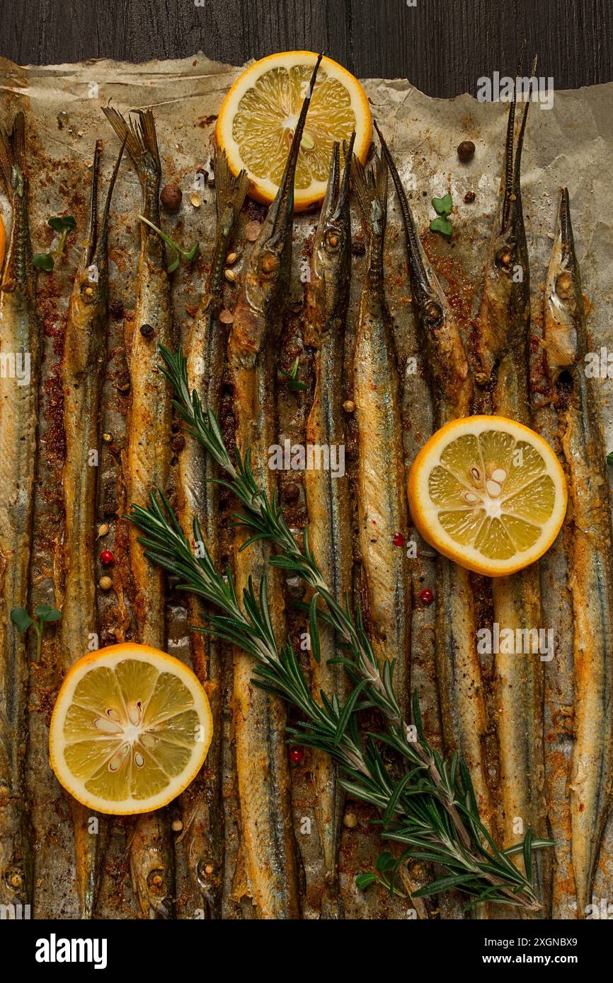 Fried fish, sargan, black sea pike, top view, close-up, no people Stock ...