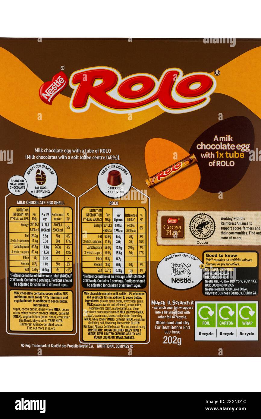 Ingredients and nutritional information on back of box of Nestle Rolo ...