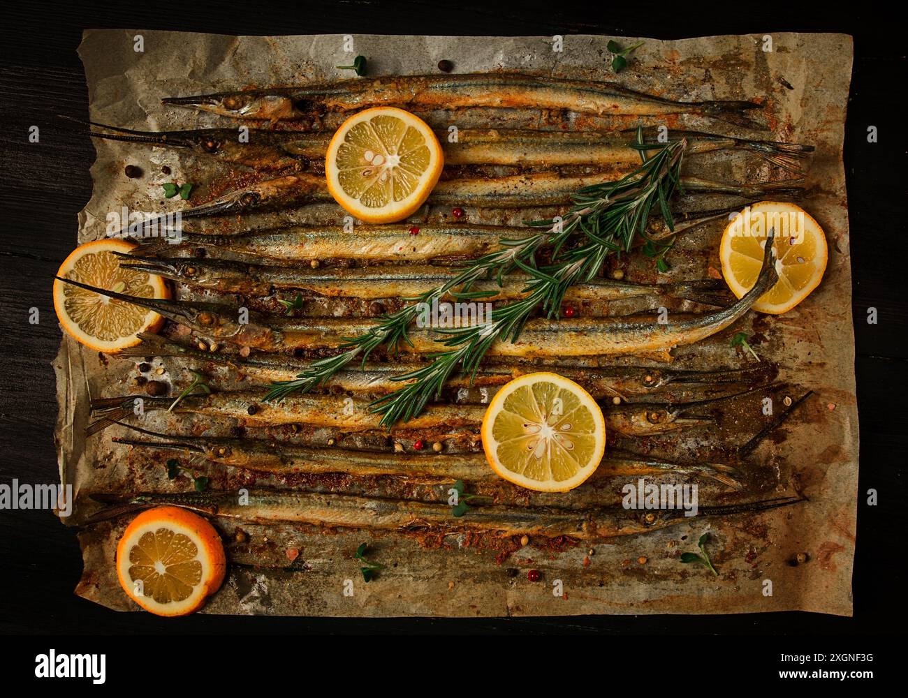 Fried fish, sargan, black sea pike, top view, close-up, no people Stock ...