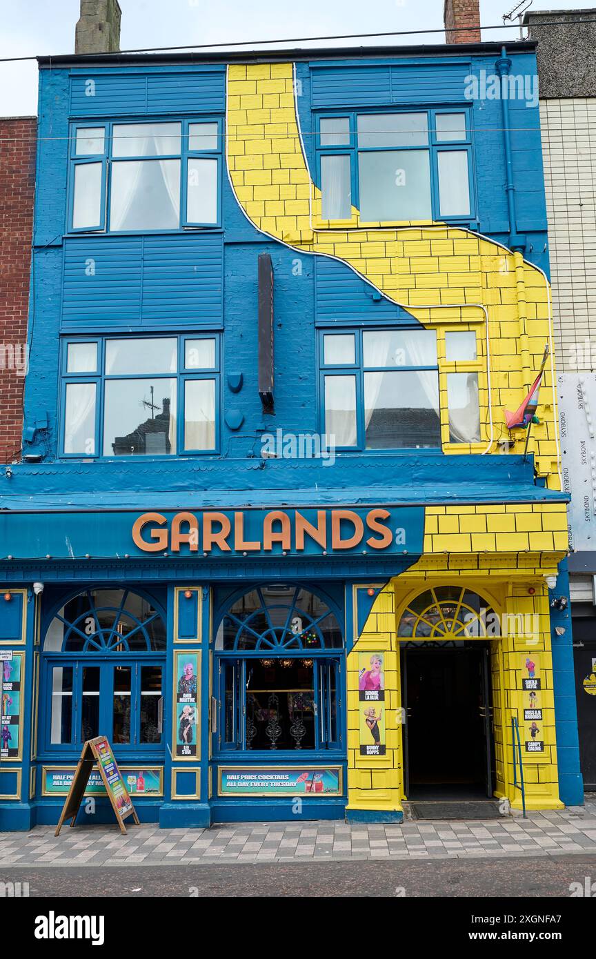 The blue and yhellow frontage of Garlands pub in blackpool,UK Stock ...