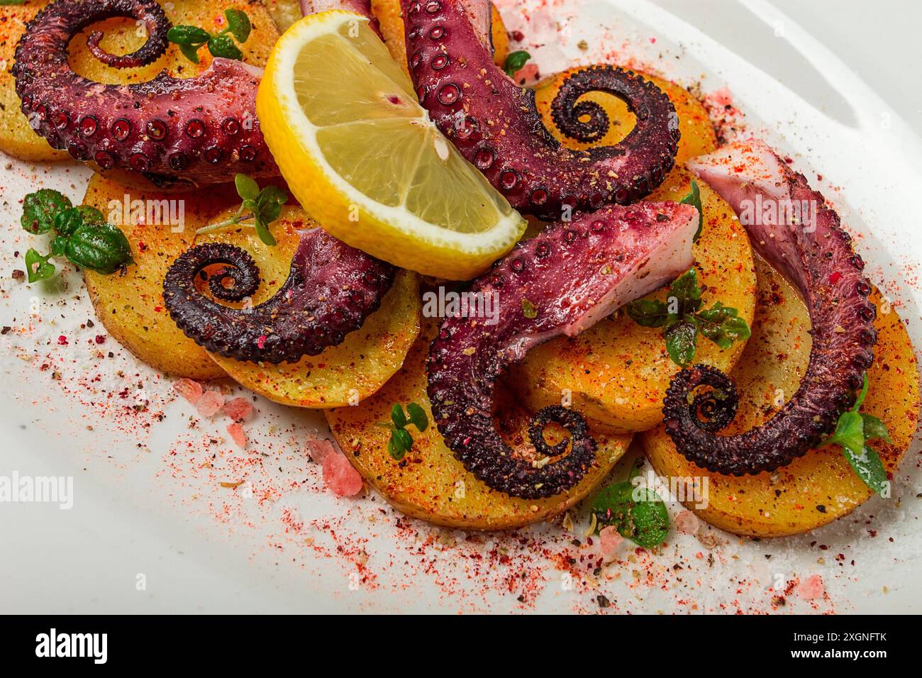 Octopus with potatoes and spices, on a light plate, top view, no people ...