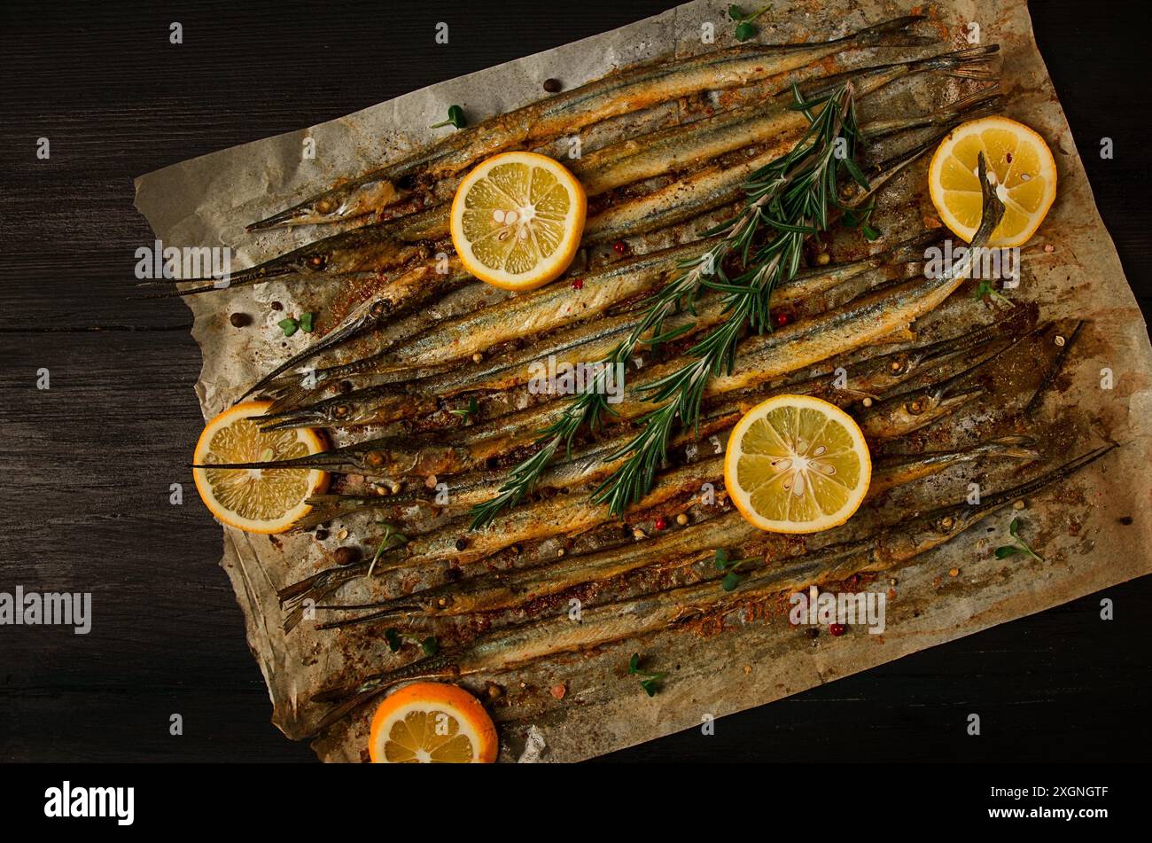 Fried fish, sargan, black sea pike, top view, close-up, no people Stock ...