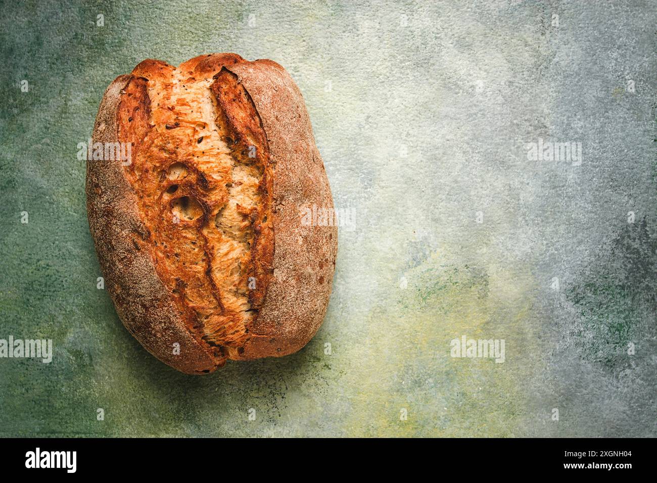 Fresh bread, sourdough, oval shape, top view, rustic style Stock Photo ...