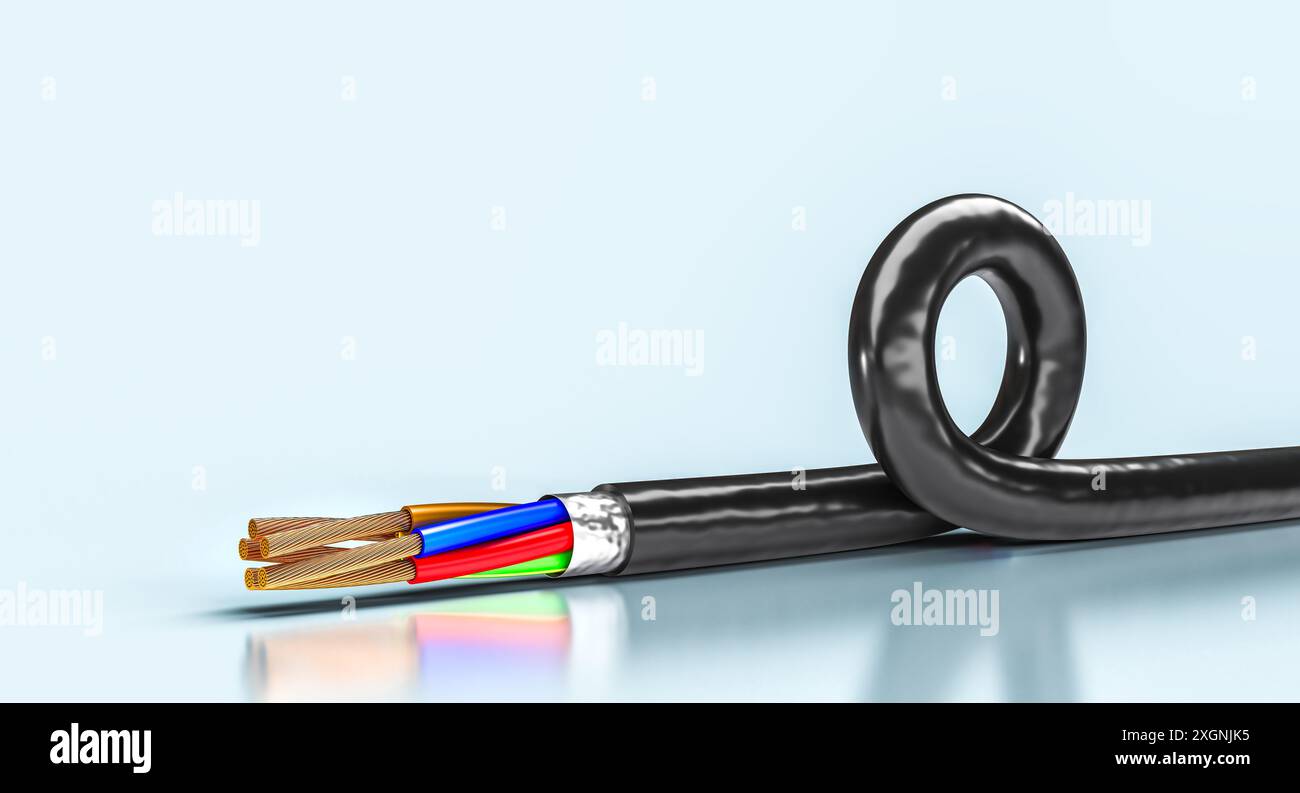 Black electrical cable copper wires blue background rolled up. 3d Stock ...