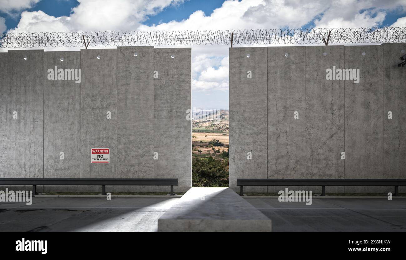 Tall concrete border wall topped barbed wire gap leading landscape 3d ...