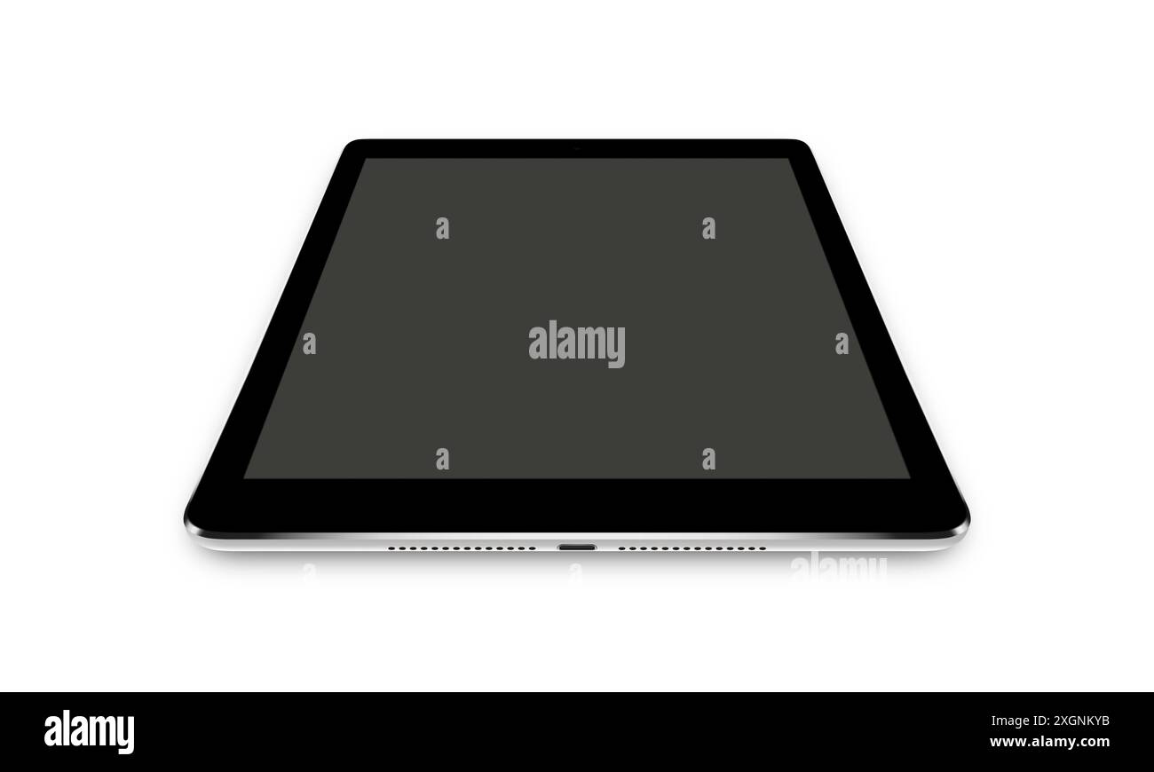 A sleek, modern tablet with a black screen and silver edges viewed from ...
