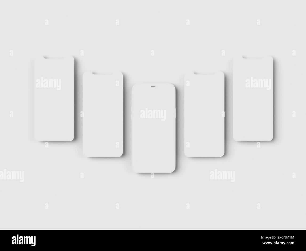 Five white minimalist smartphones arranged in a clean and sleek design ...