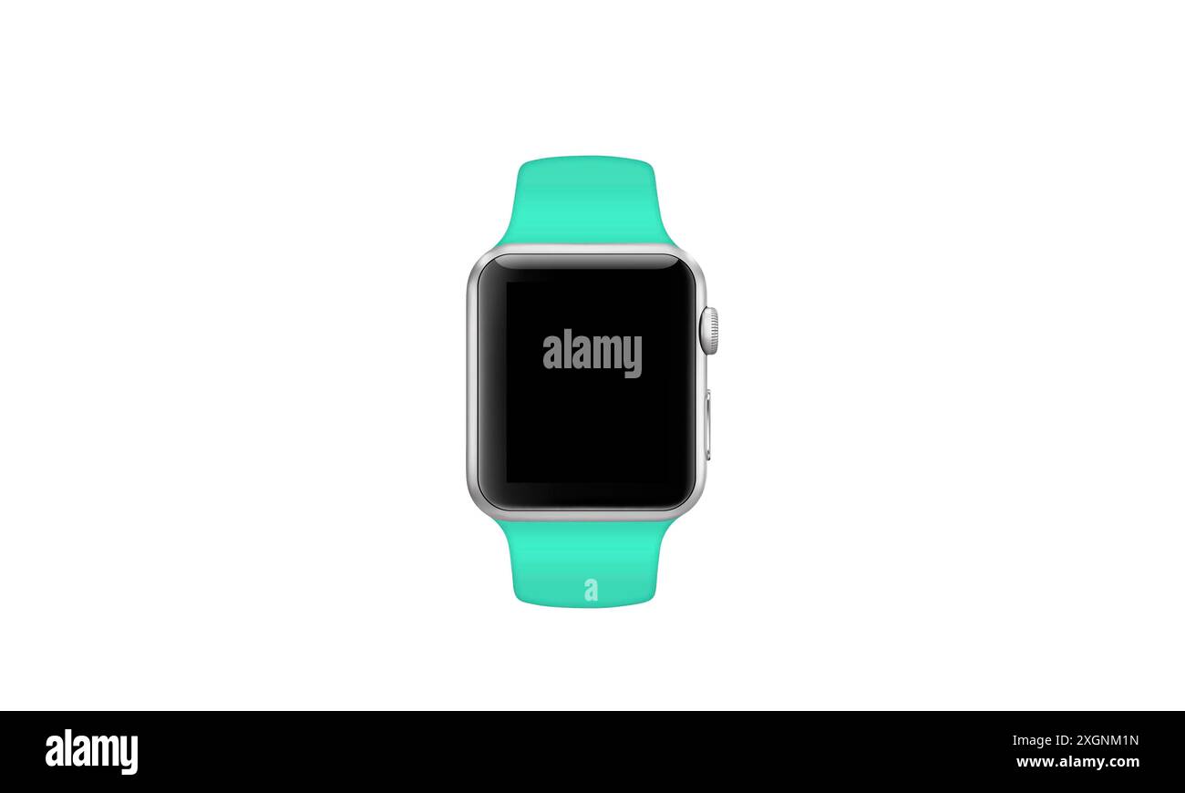 Smartwatch with a turquoise strap and black screen set against a plain ...