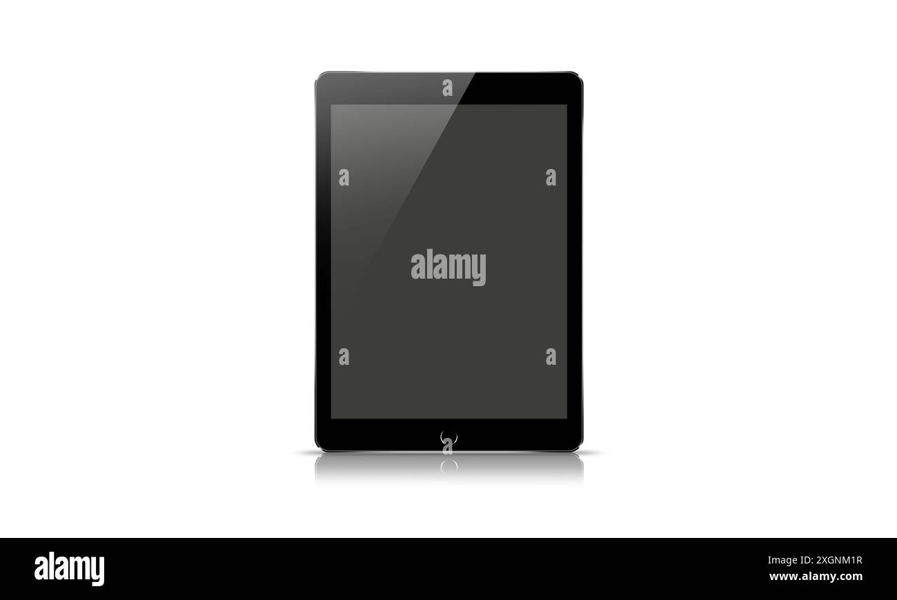 A black tablet with a blank screen on a reflective white surface ...