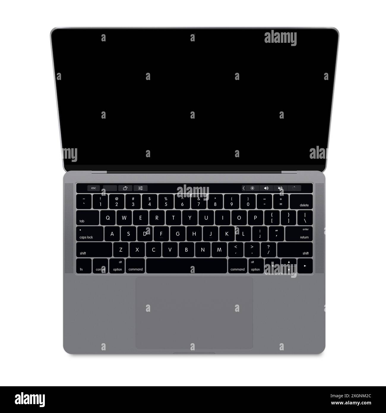A silver laptop with a black screen and black keyboard, viewed from ...