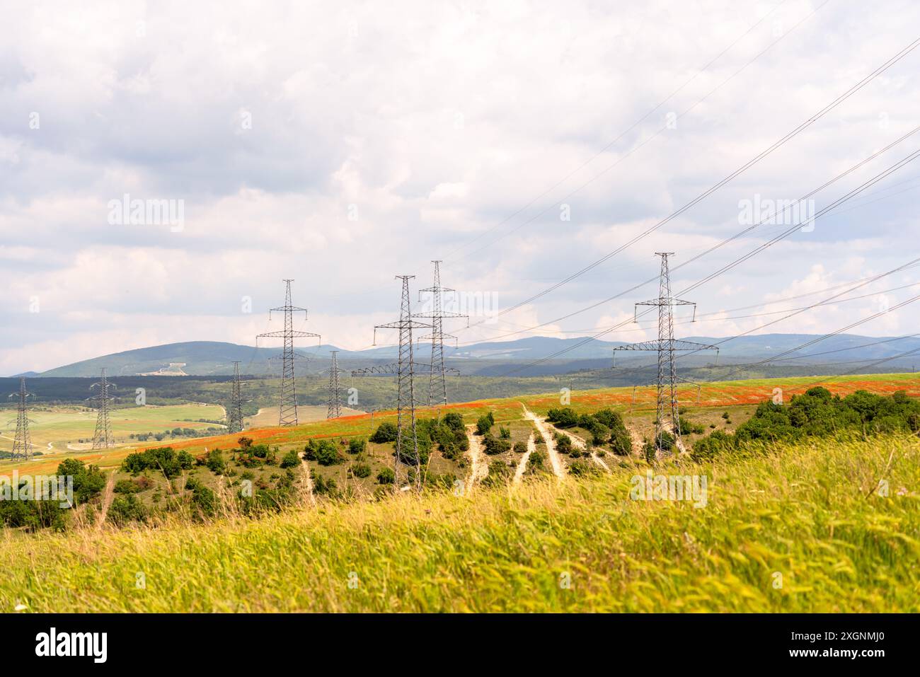 High voltage towers Electric pole. Power line support with wires for ...
