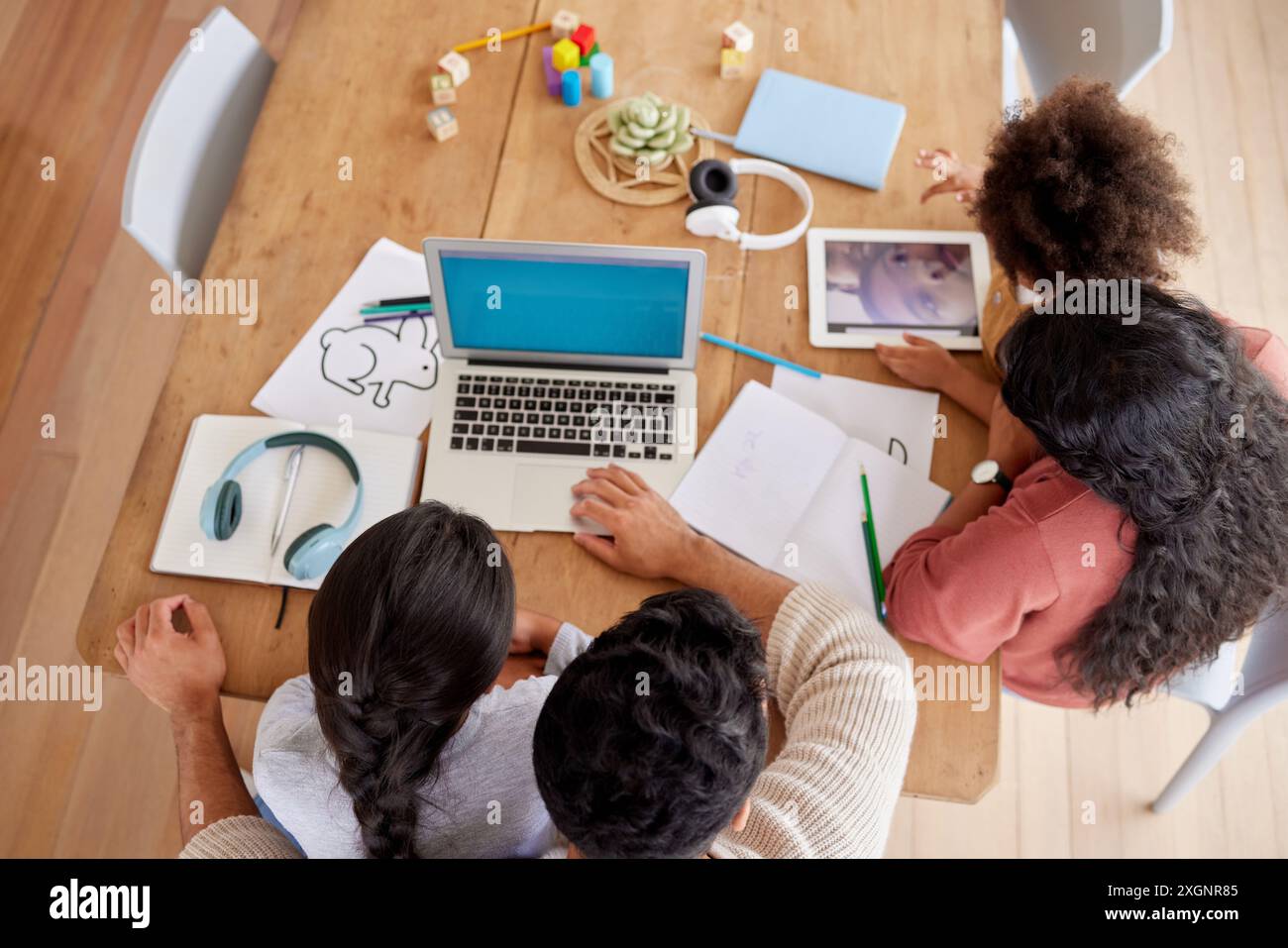 Online education, family and children with computer screen for website ...