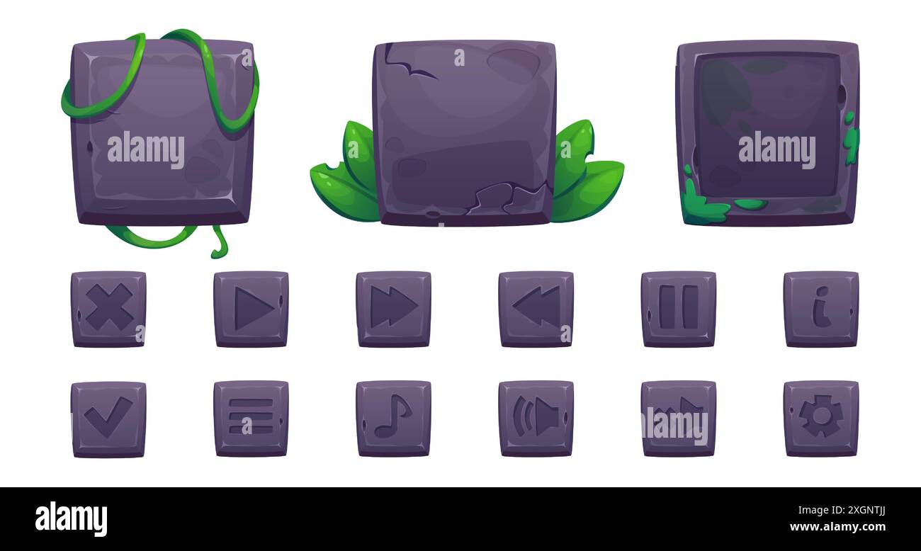 Stone game ui elements with jungle plant leaves and liana vines ...