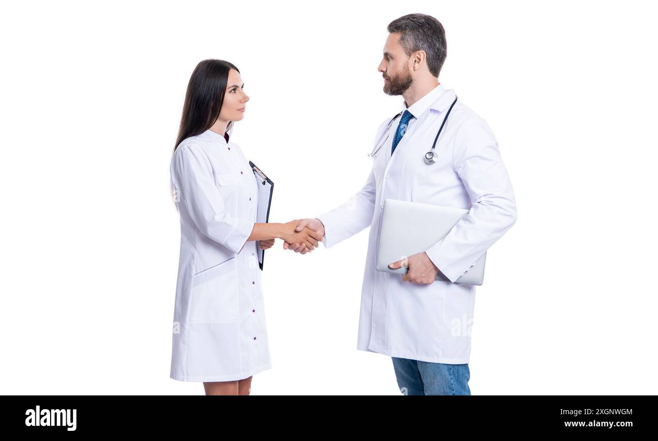 two doctor shaking hands isolated on white. Handshake, agreement on ...