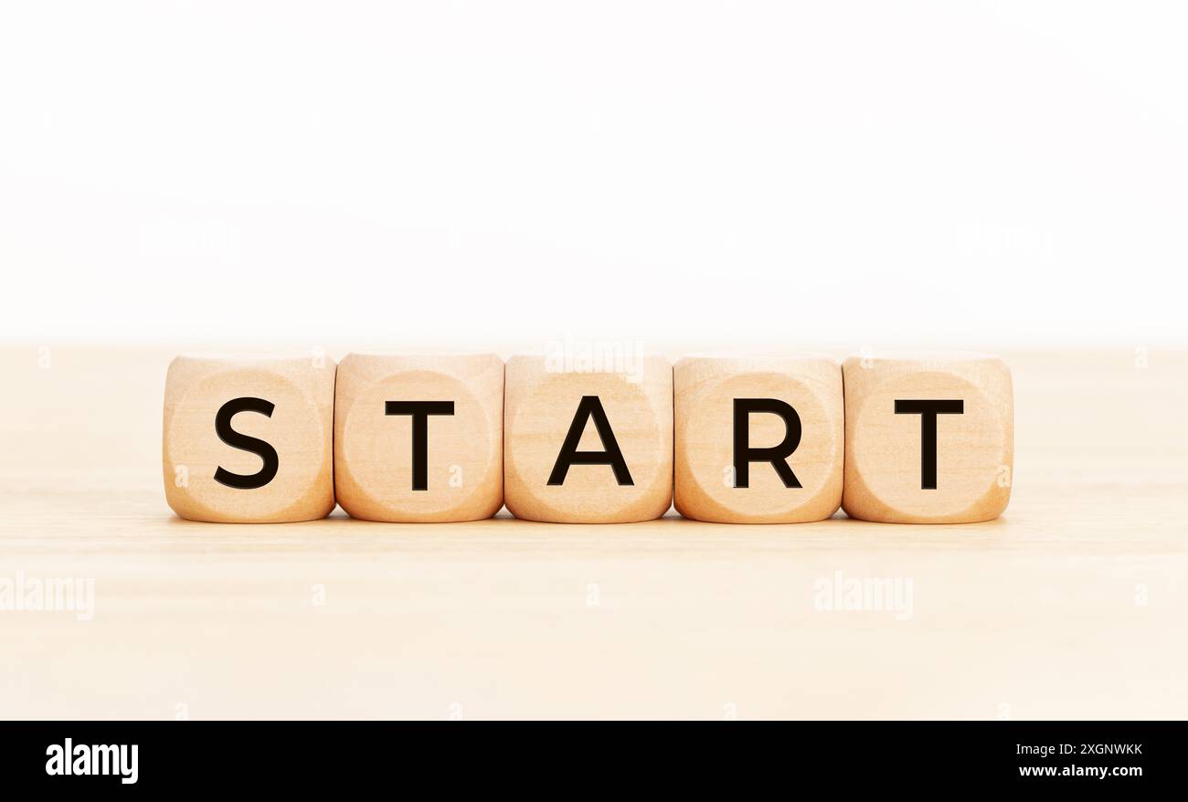 Start word on wooden block shape. Copy space. White background Stock ...
