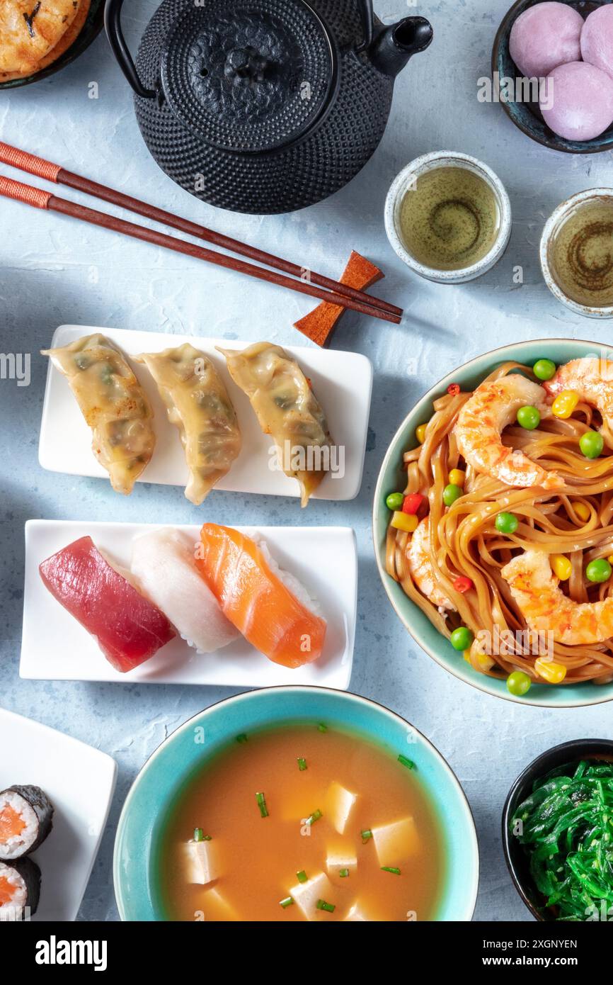 Japanese cuisine, a variety of Japanese dishes, shot from the top Stock ...