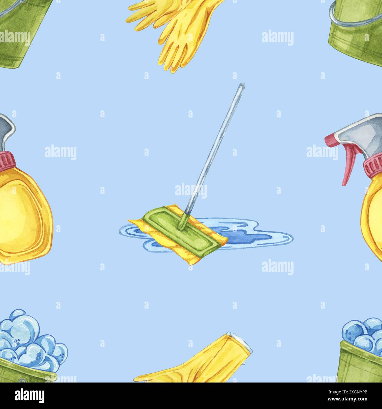 Seamless pattern with buckets, gloves, and spray bottles. Watercolor ...