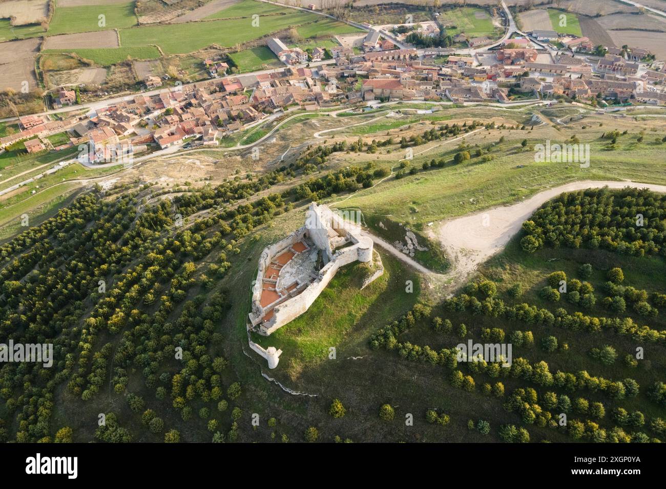 Aerial view of the ruins of an ancient medieval castle in Castrojeriz ...