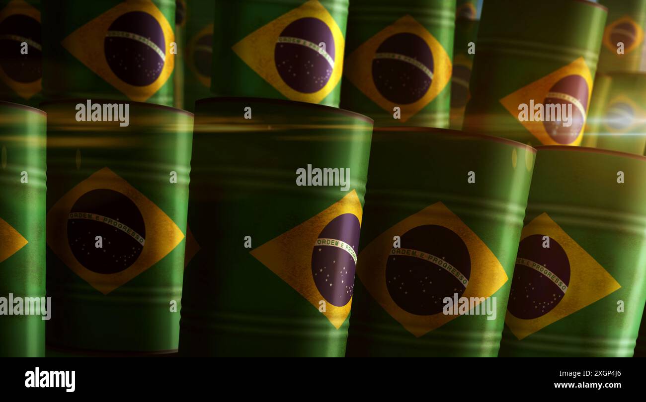 Brazil oil crude petroleum fuel barrels in row concept. Brazilian ...