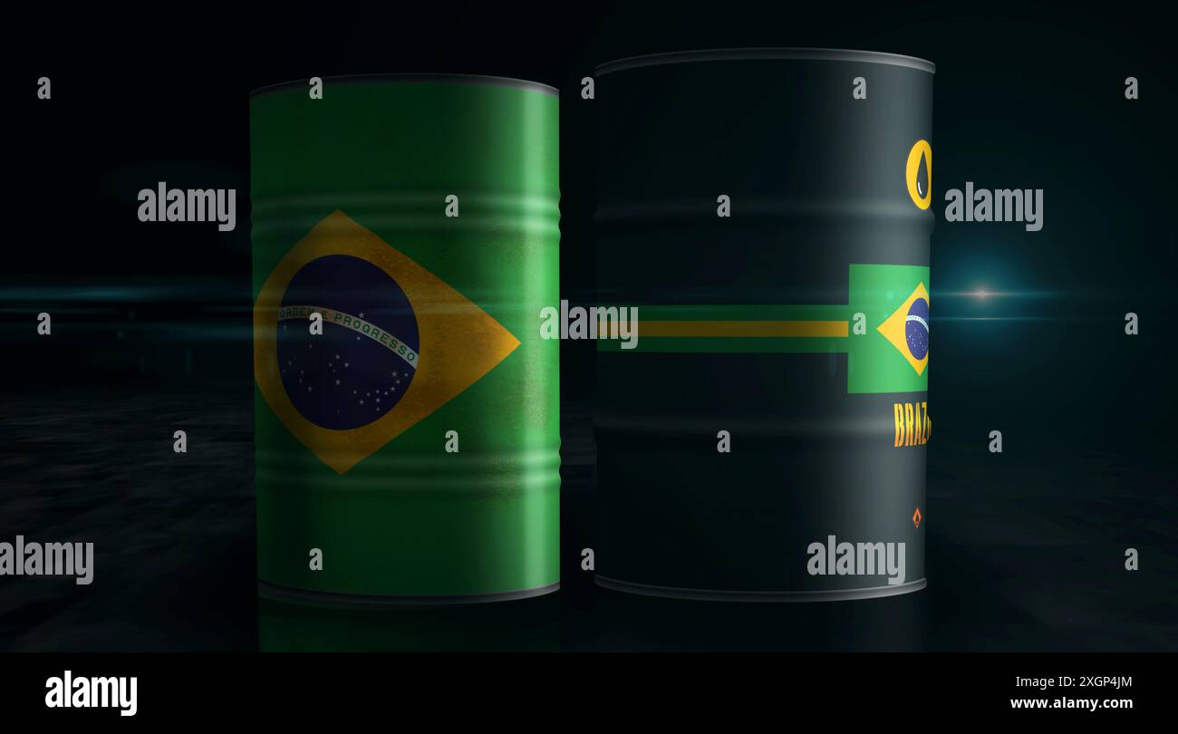 Brazil oil crude petroleum fuel barrels in row concept. Brazilian ...
