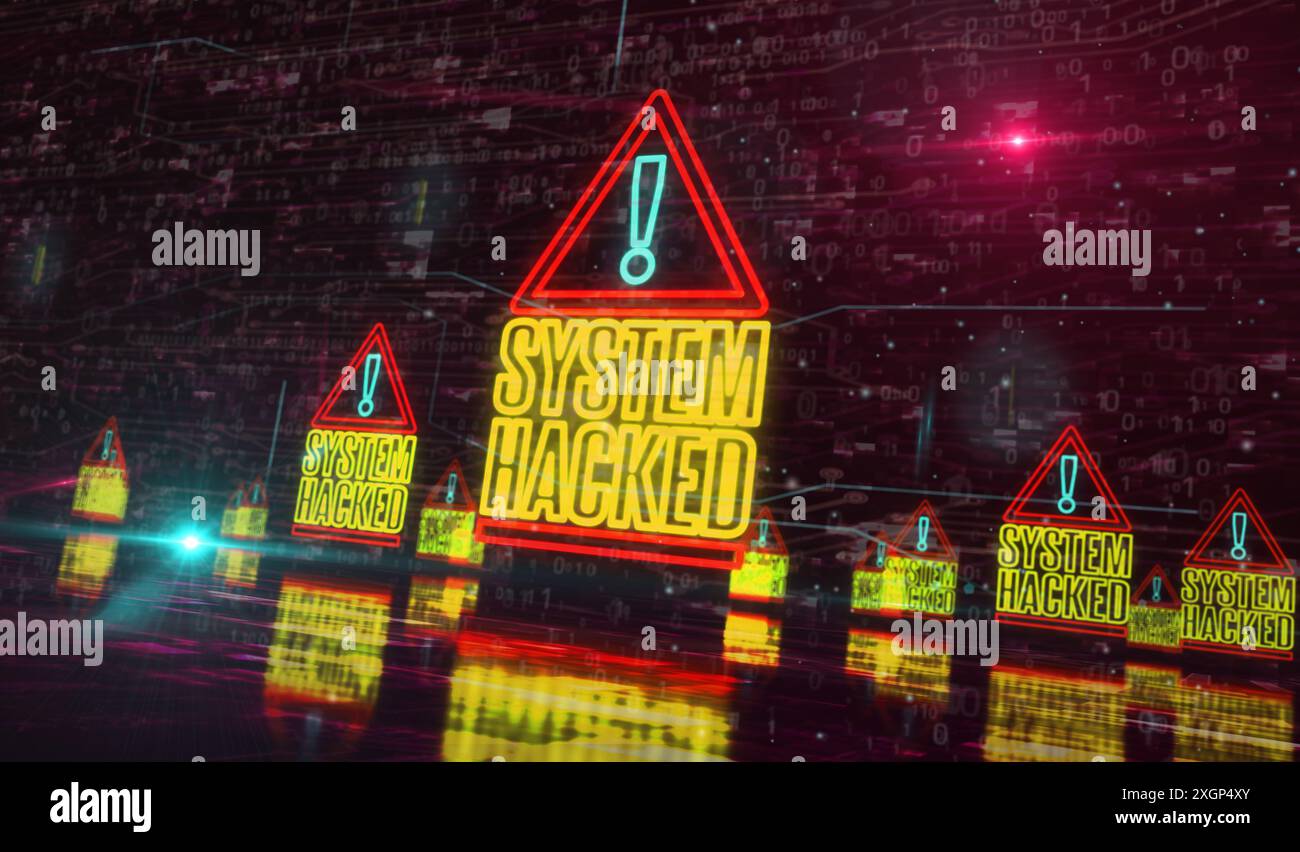 System hacked warning and security breach alert symbol digital concept. Network, cyber ...