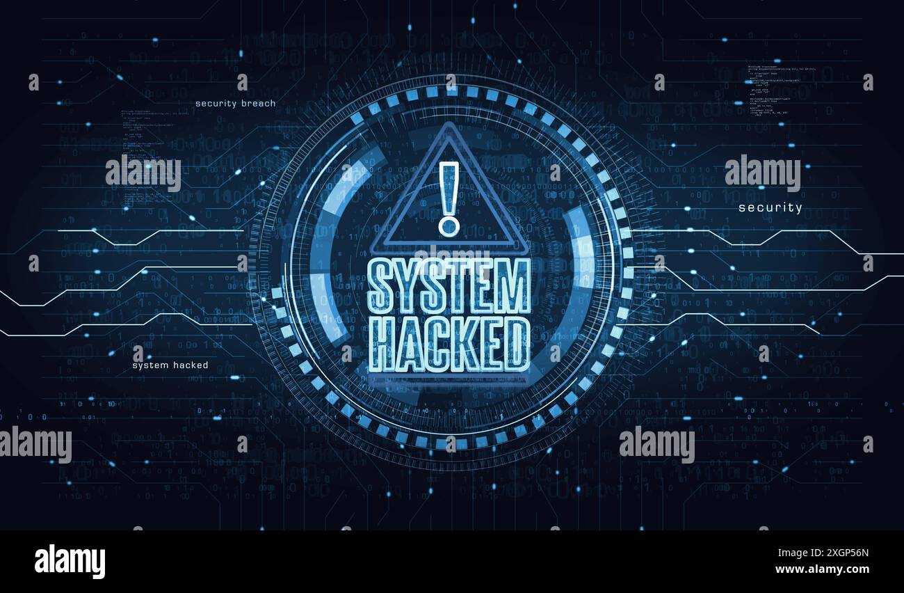 System hacked warning and security breach alert symbol digital concept. Network, cyber ...