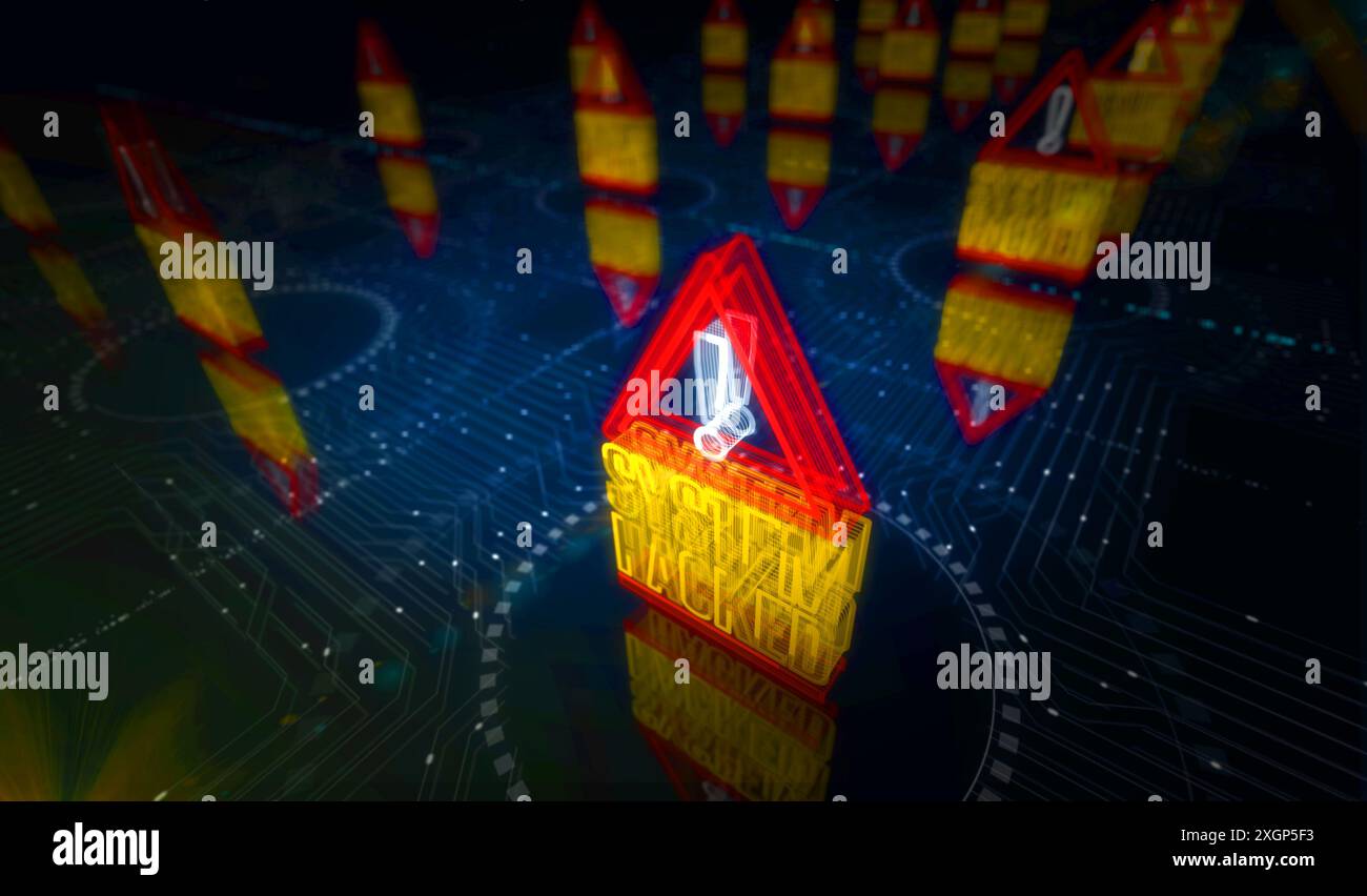 System hacked warning and security breach alert symbol digital concept. Network, cyber ...
