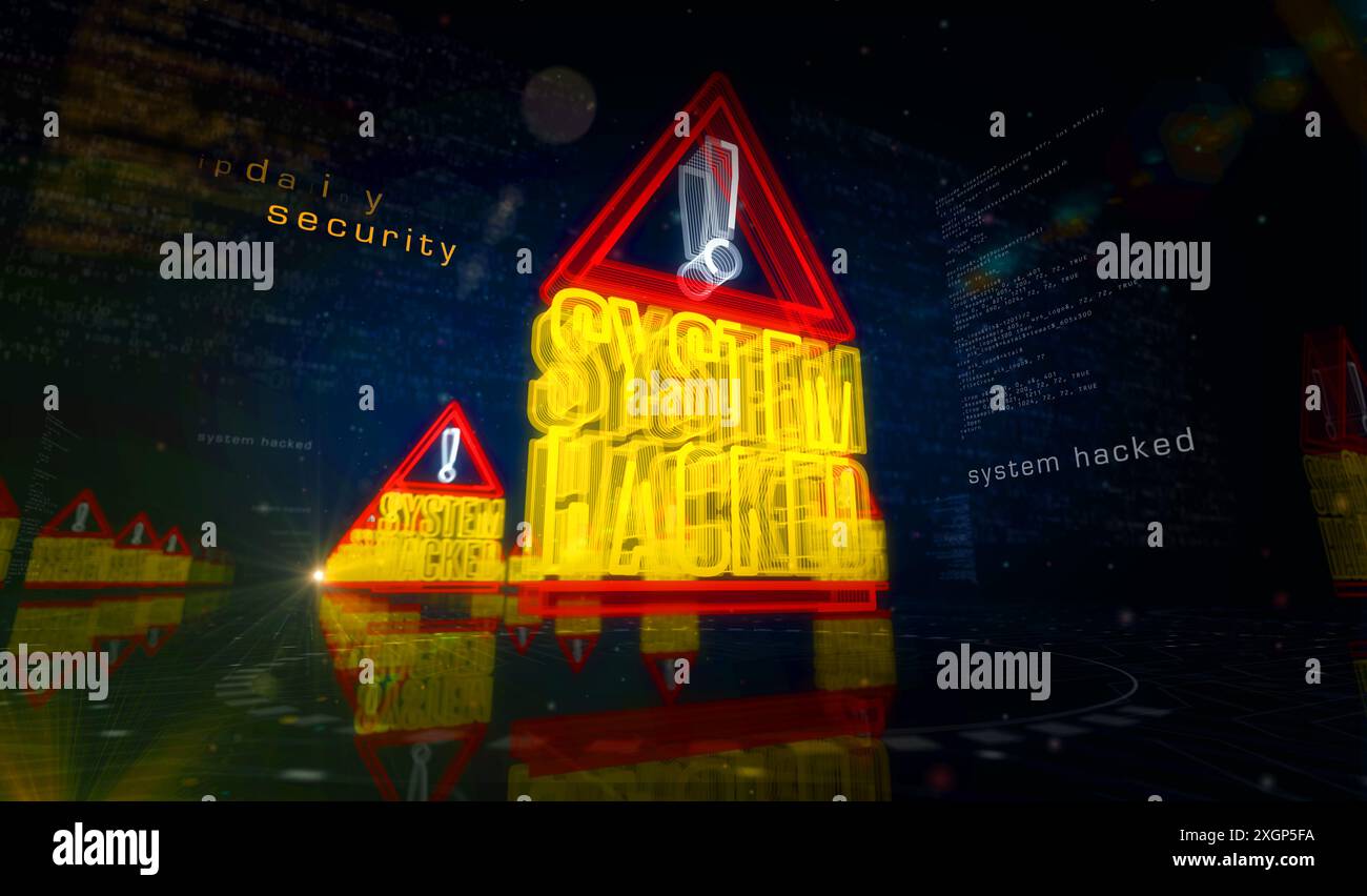 System hacked warning and security breach alert symbol digital concept. Network, cyber ...