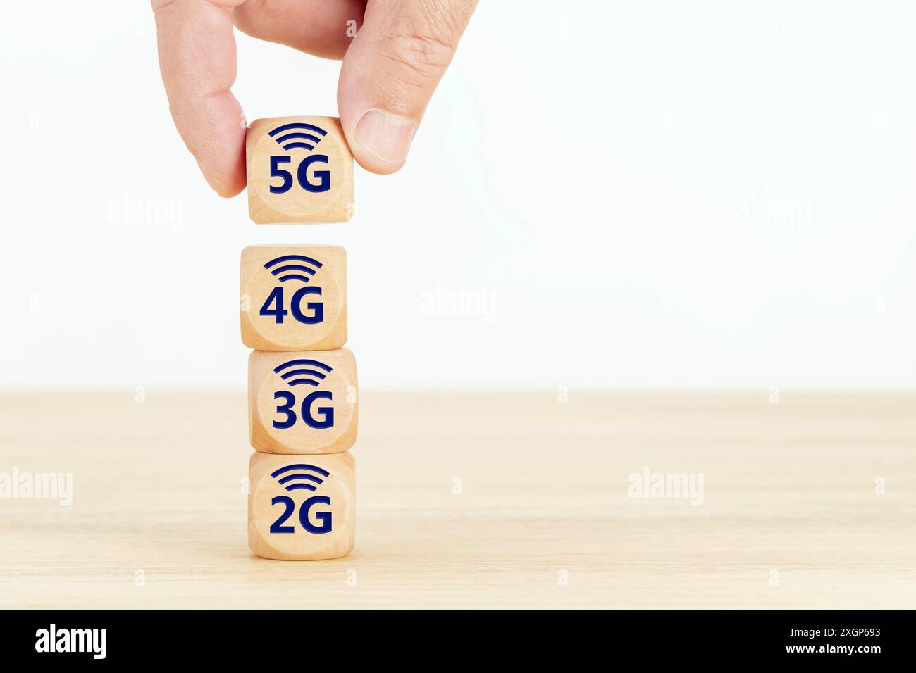 5G network evolution concept. Hand holding a Wooden block with text and ...