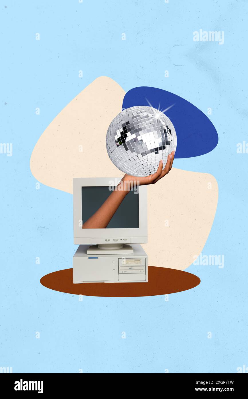 Vertical photo collage image human hand body fragment hold disco ball ...