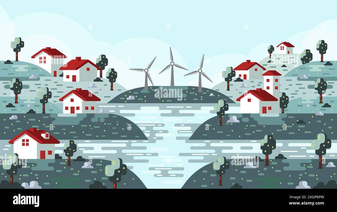 Cartoon Rural Countryside Scenery with Wind Turbines. Wind Power ...