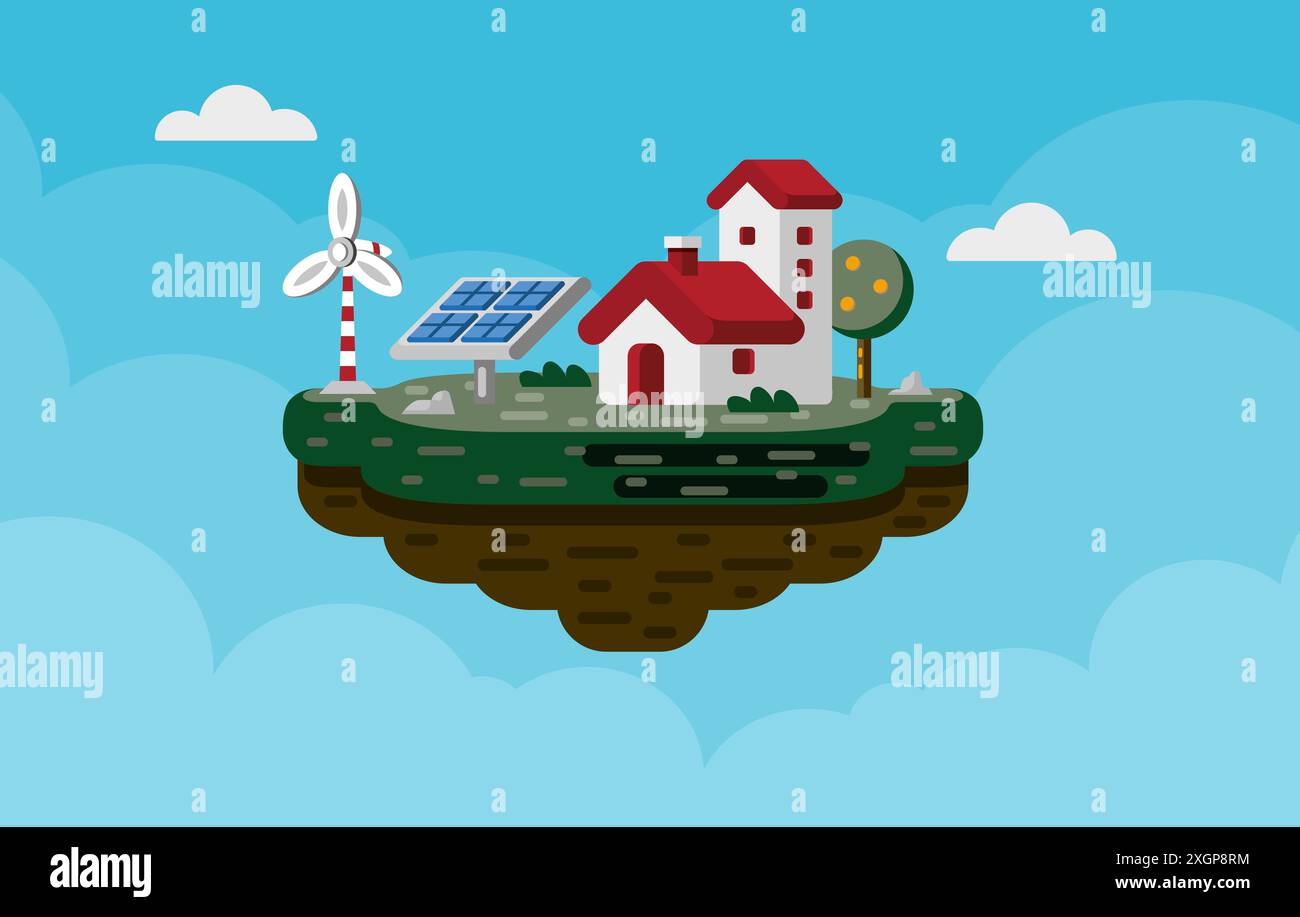 Self-Sufficiency Electric Power Concept. Eco-Friendly House on Floating ...