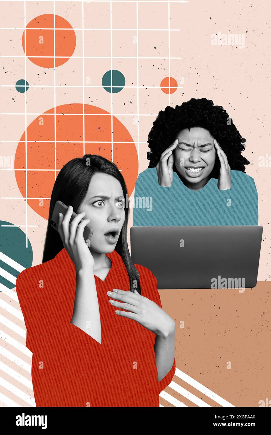 Vertical photo collage of frown american girl sit macbook device work ...