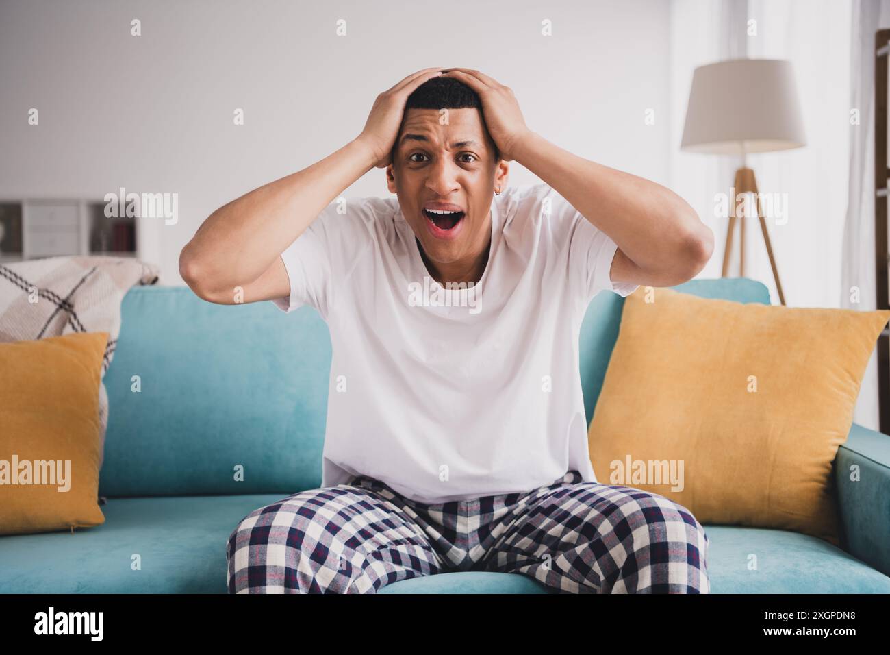 Photo of unhealthy upset guy sleepwear pajama shouting pain staying ...
