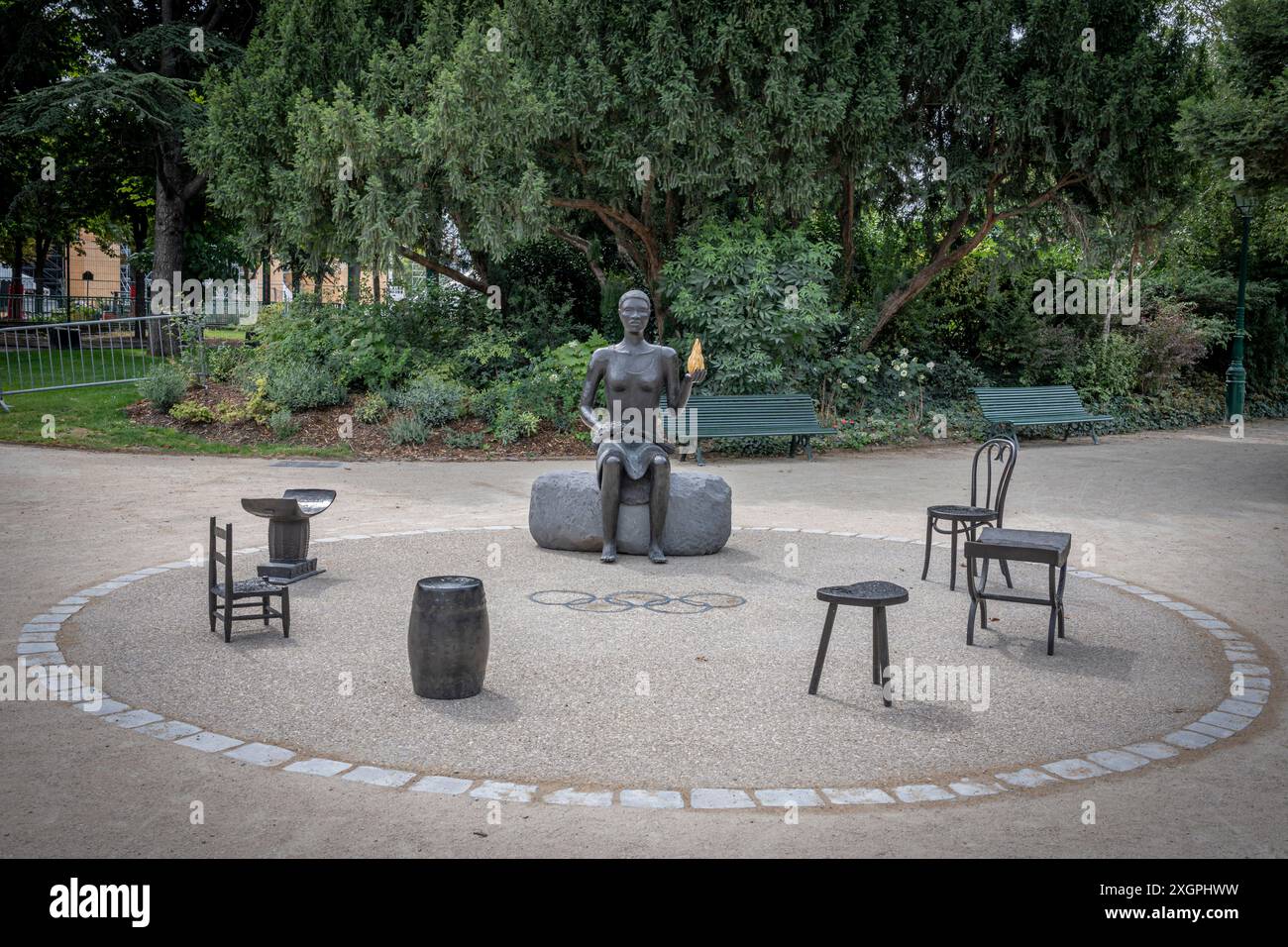 Paris, France - 07 06 2024: Olympic Games Paris 2024. View of a statue ...