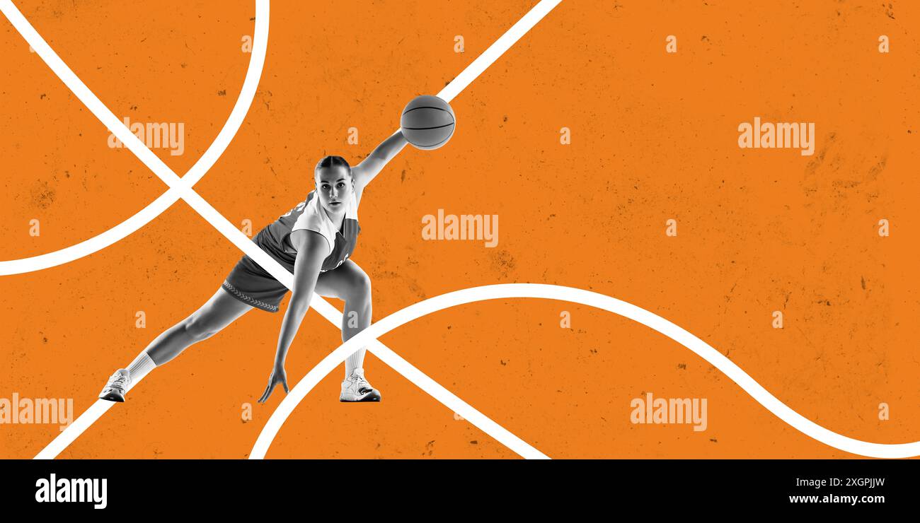 Black and white image of focused young woman, basketball player in ...