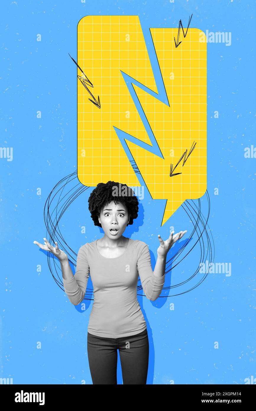 Vertical photo collage of astonished american girl broke text box ...