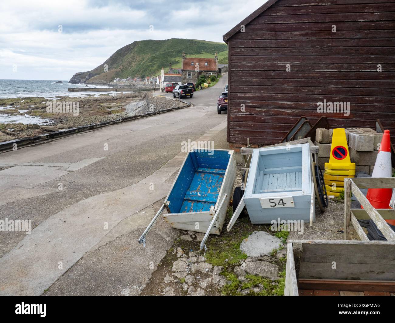 Hand carts in the coastal village of Crovie in Aberdeenshire, Scotland ...