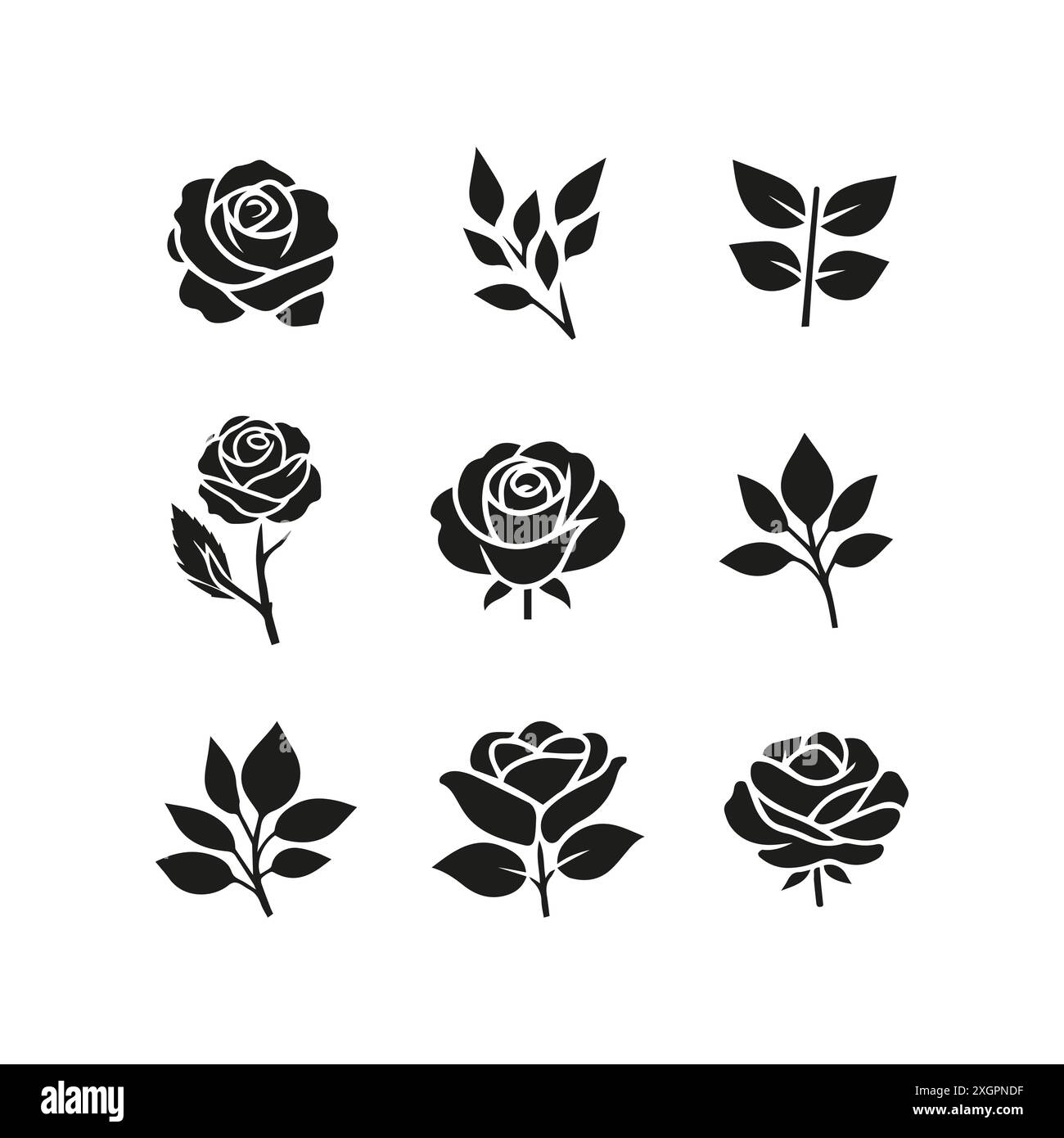 Rose Silhouette Vector Icons Set - Black Floral Illustrations Stock ...