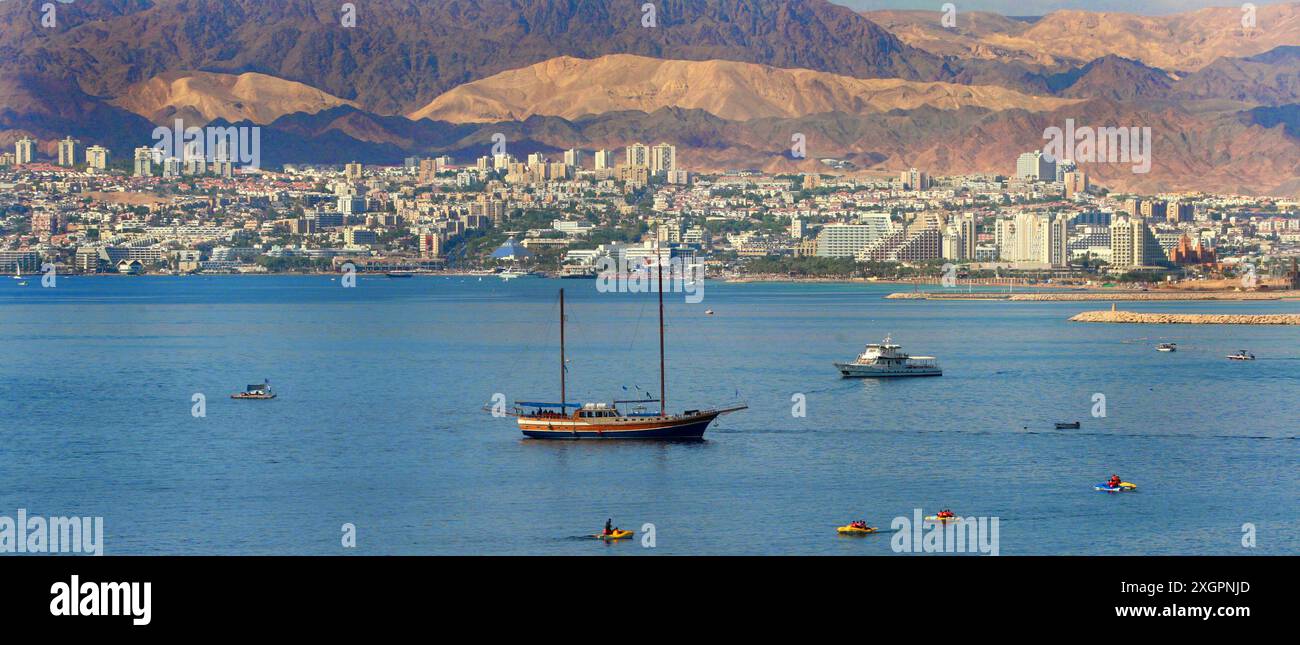 A cruise ship in the Gulf of Aqaba off the coast of the Jordanian city ...