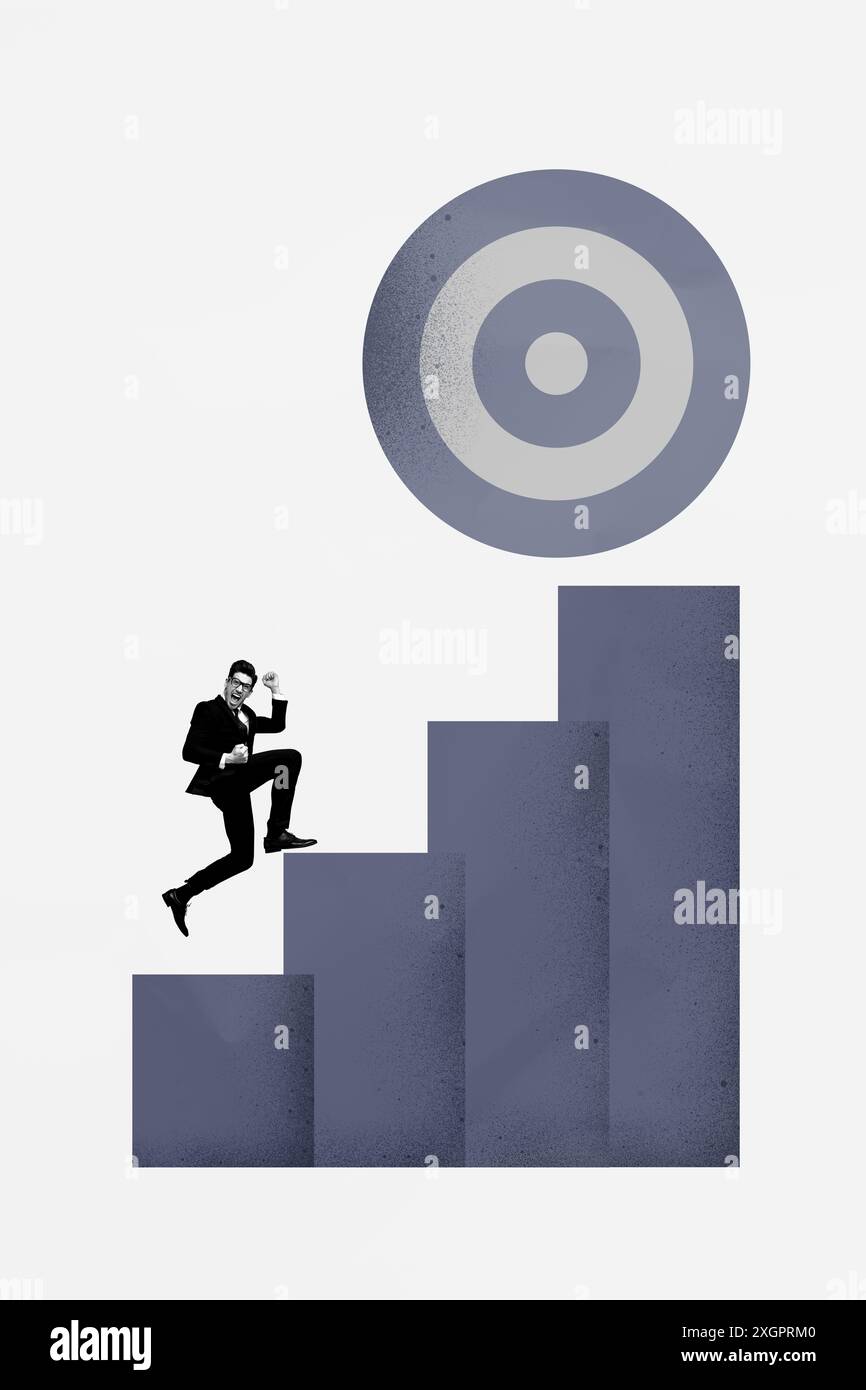 Vertical photo collage of happy guy businessman run promotion chart ...