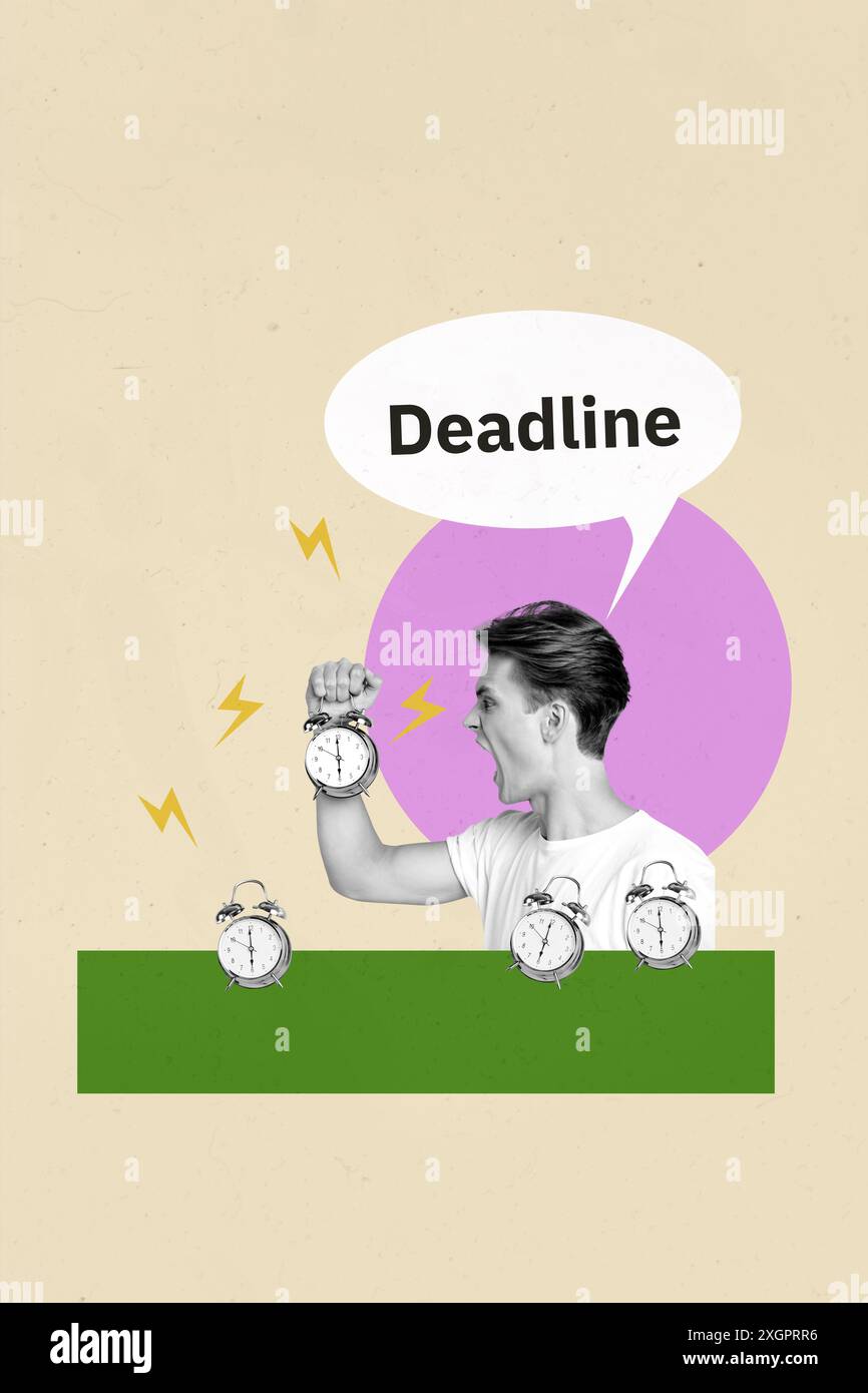 Vertical photo collage of scream unhappy young businessman hold alarm ...