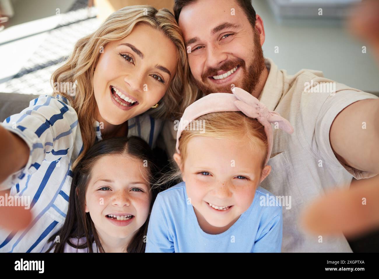 Selfie, children and parents with smile, home and profile picture of ...