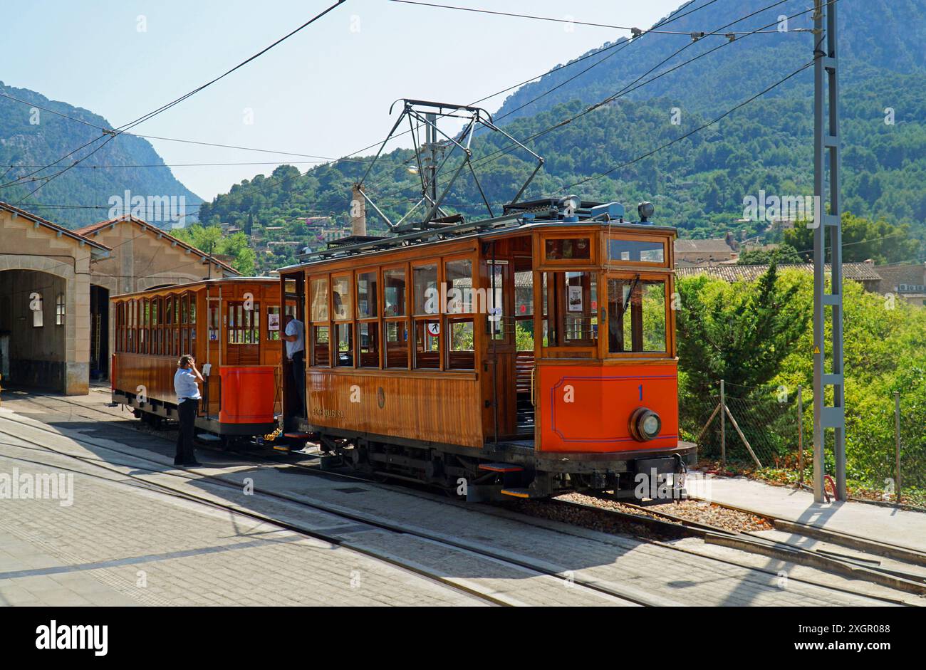 Vintage Soller Tram at Soller Station Mallorca Spain with drivers Stock ...