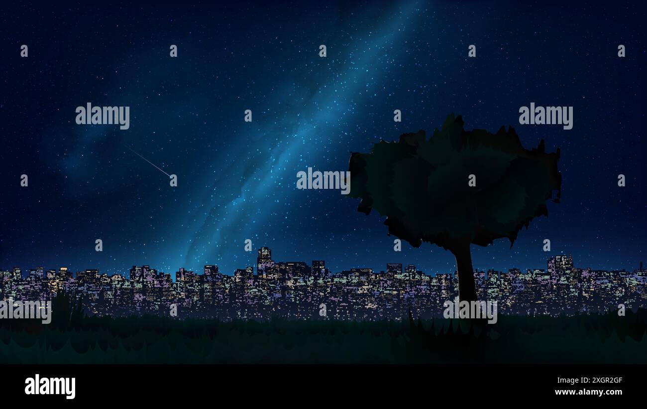 Cityscape, city buildings at night. City skyline at nighttime, tree in ...