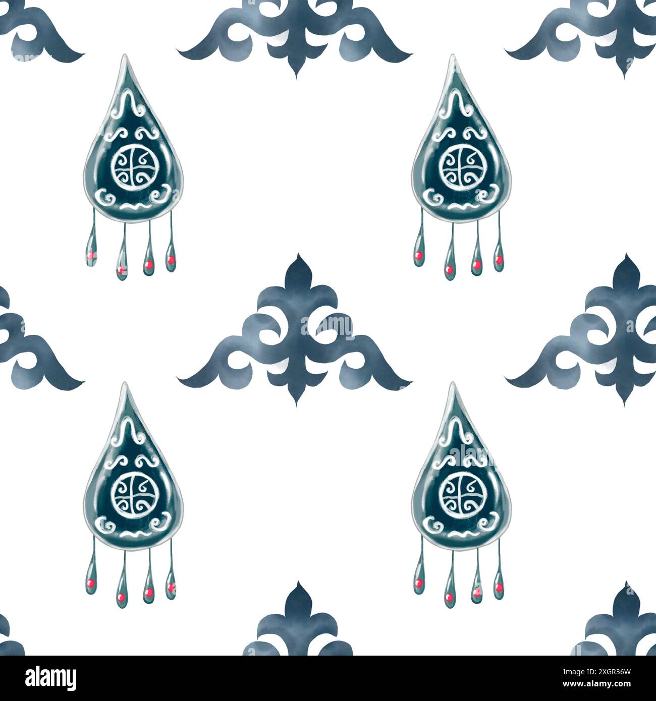 Kazakh pattern seamless watercolor. Ornament with earrings and patterns ...