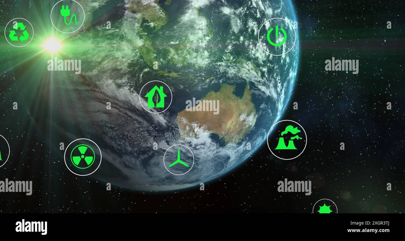 Image of digital eco icons processing over globe Stock Photo - Alamy
