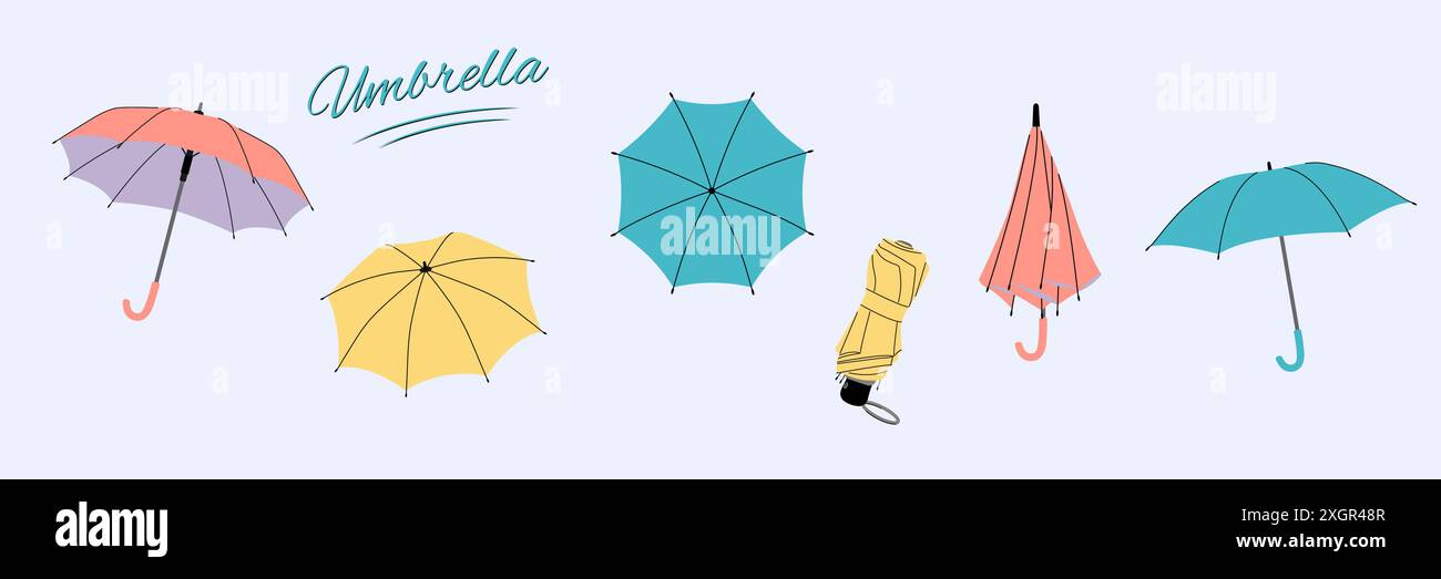 Set of Umbrella in flat style. Opened, closed, and folded umbrellas ...